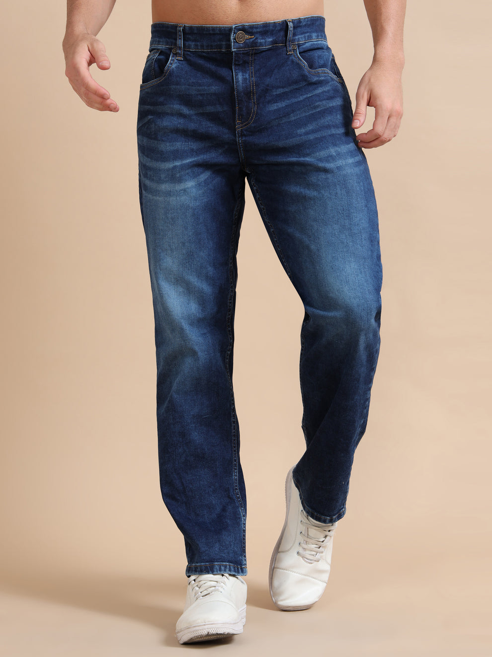 Buy Straight Fit Mid Blue Jeans for Big Guys with Washed Effect