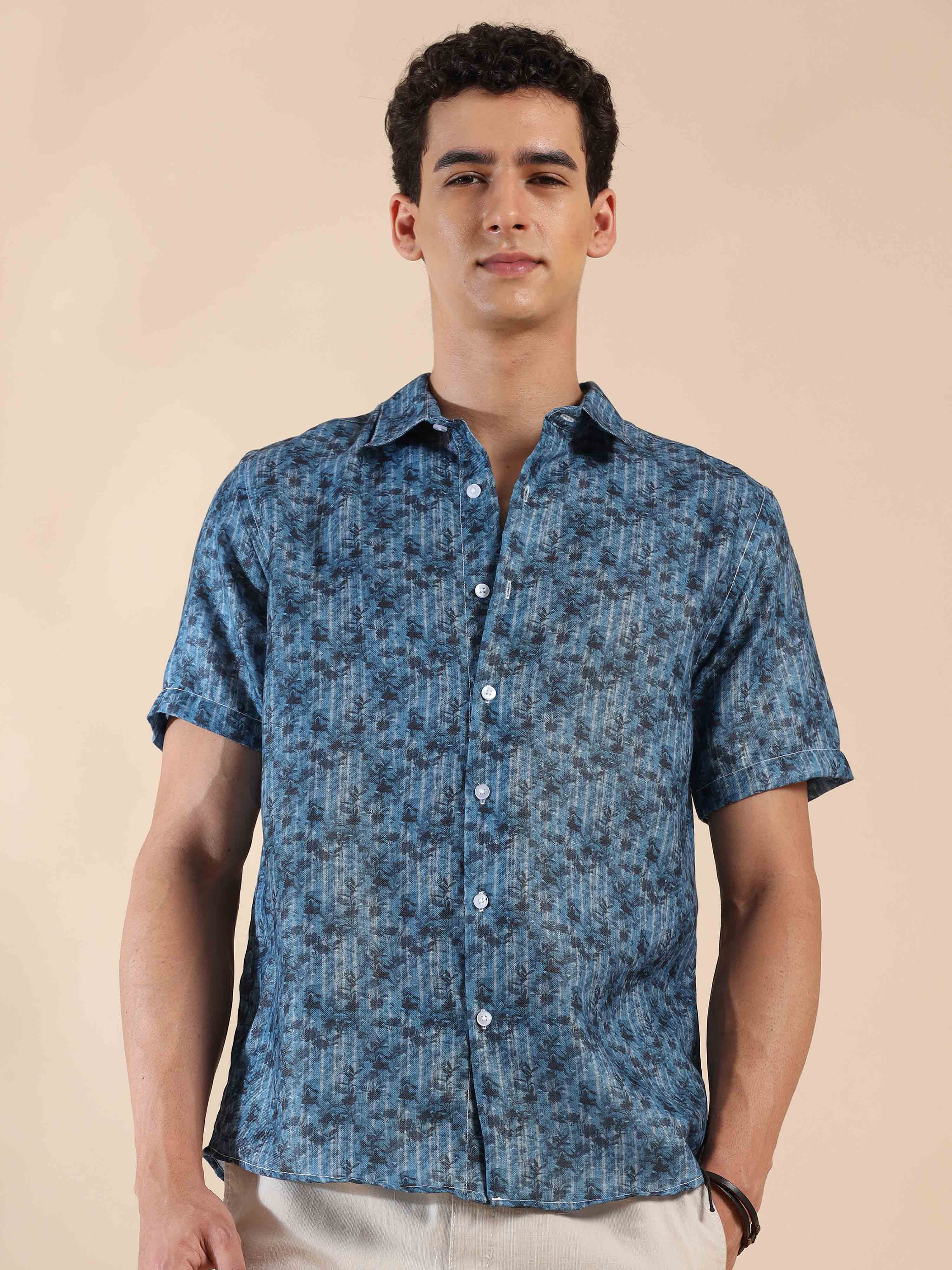 Buy Blue Cotton Polyester Casual Half Sleeve Shirts for Men